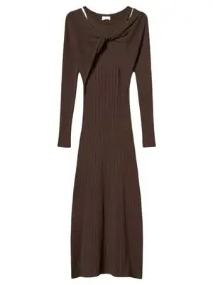 TWINSET Ribbed Knit Maxi Dress With Shawl-style Design And Front Tie - Brown
