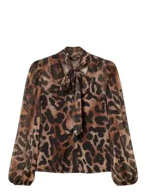 TWINSET Twinset Animal Print Sheer Bow Tie Neck Long Sleeve Shirt