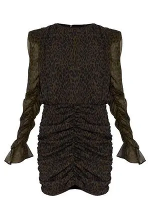 ROTATE BY BIRGER CHRISTENSEN ROTATE Long-Sleeved Leopard Print Ruched Dress