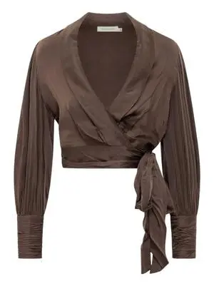 Zimmermann Cropped Silk Wrap Top With V-neck And Tie-front - Brown