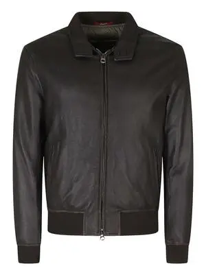 STEWART Long-sleeve Zip-up Leather Jacket - Dark Brown