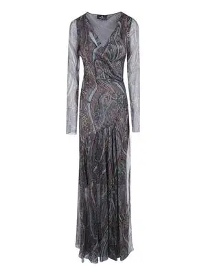 ETRO Etro Long Sleeve V-Neck Paisley Pleated Maxi Dress