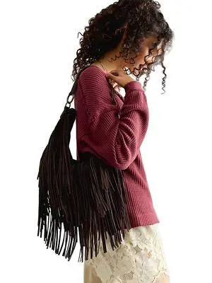Free People Suede Fringe Shoulder Bag - Espresso
