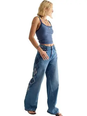 Free People Driftwood Anni Twisted Seam Jeans - Argyle Patchwork