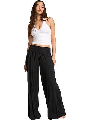 Pink 24/7 Lounge Modal Foldover Wide-leg Pants - Black