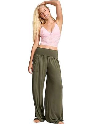 Pink 24/7 Lounge Modal Foldover Wide-leg Pants - Green