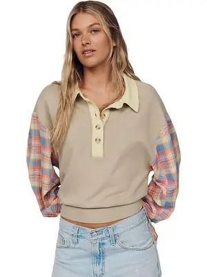 PILCRO 100% Cotton Mixed Knit Pullover With Plaid Sleeves And Contrasting Collar - Green Pattern