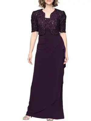 Alex Evenings Sequin Soutache Bodice Empire Waist Chiffon Gown With Bolero Jacket - Deep Plum