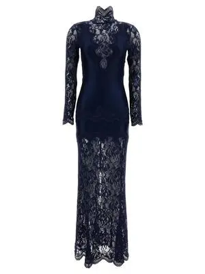 Rabanne Jersey And Lace High Neck Dress - Blue