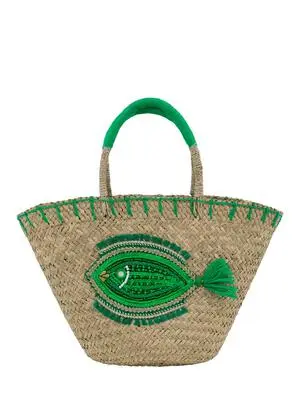 OHSUN Raffia Beach Tote With Embroidered Fish Detail - Green