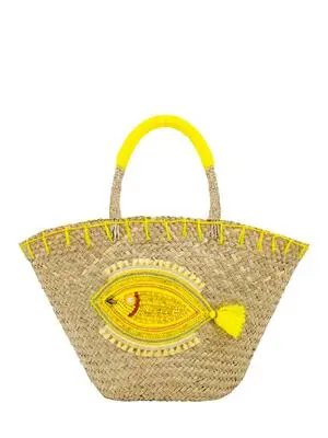OHSUN Neutrals / Dory Straw Embroidered Beach Bag Lemon - Red