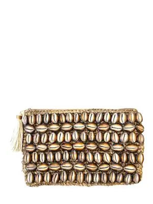 OHSUN Neutrals / Celeste Raffia & Large Cowrie Shell Clutch - Brown