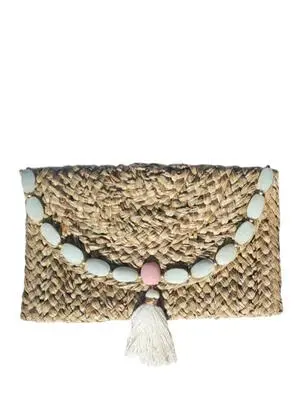 OHSUN Farah Straw Clutch With Stone Embellishment And Tassel - White/pink