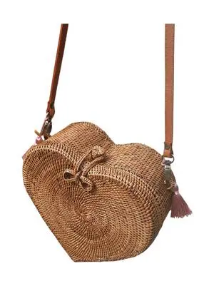 OHSUN Faith Heart-shaped Rattan Crossbody Bag - Brown