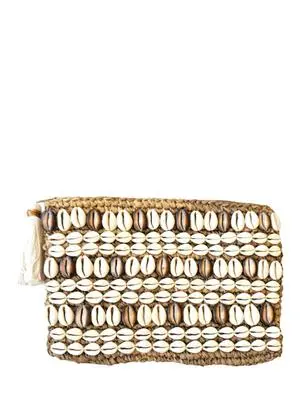 OHSUN Raffia Clutch With Cowrie Shell Embellishment - White