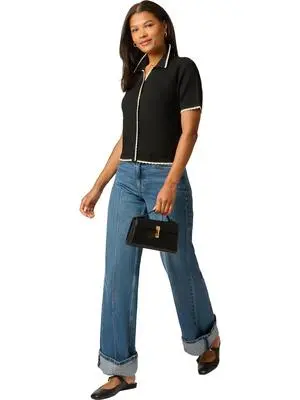 Adrianna Papell Short Sleeve Scalloped Trim Polo Cardigan Sweater In Black Cream - Black/cream