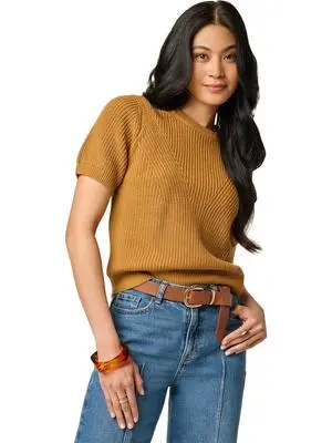 Adrianna Papell Short Sleeve Shaker Knit Pullover Sweater - Butternut