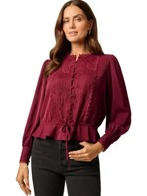 Adrianna Papell Long Sleeve Lace Trim Drawstring Hem Blouse - Fig