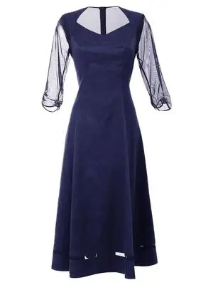 LUNA FASHION HOUSE Navy Jacquard Midi Dress With Sheer Sleeves - Blue
