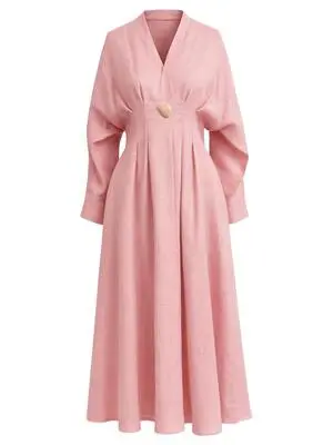 EXQUISE Garlyn Slim V-neck Long Sleeve Linen Midi Dress - Pink