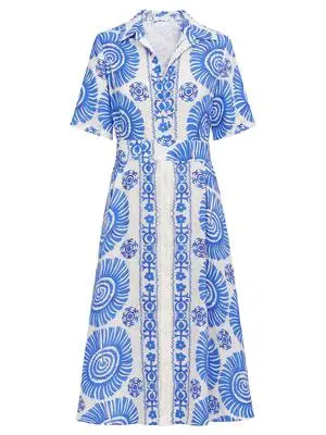 CASA ATELIER BY FERDINANDO FUSCO Linen Bali Printed Shirt Dress - Blue