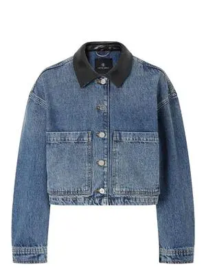 ANINE BING Yuma Cropped Textured-trimmed Denim Jacket - Blue