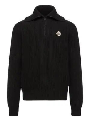 Moncler Ribbed Wool Half-zip Sweater With Logo Patch - Black