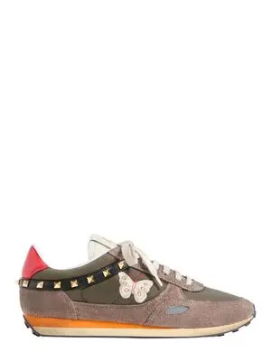 Valentino Garavani Studded Butterfly Embroidered Split Leather And Nylon Sneakers - Brown