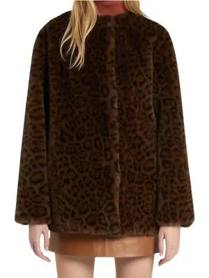 Marella Leopard-print Long-sleeve Faux Fur Coat Brown