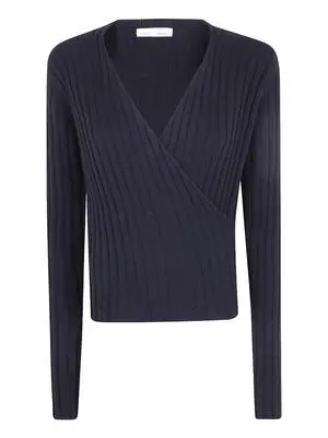 Liviana Conti Long-sleeve Ribbed V-neck Pullover - Black
