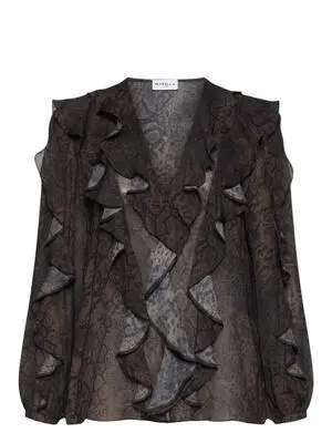 Marella Printed V-neck Blouse With Ruffle Detailing - Black