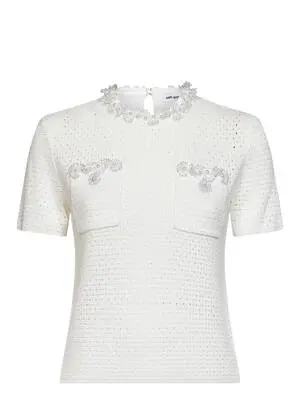 SELF-PORTRAIT Embellished Knit Top With Chest Pocket - Cream