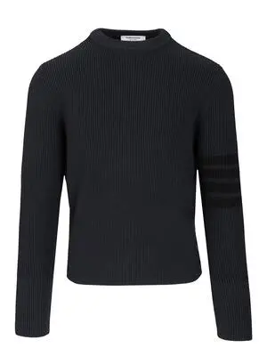 Thom Browne Ribbed Cotton Sweater With Signature Stripes - Blue