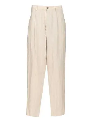 Giorgio Armani Double Pleated Pinstriped Linen Trousers - Cream