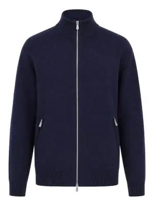 Brunello Cucinelli Cashmere Blend High Neck Zip-Up Cardigan Blue