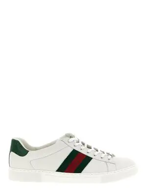 Gucci Ace Leather Sneakers With Web Ribbon Detail - White