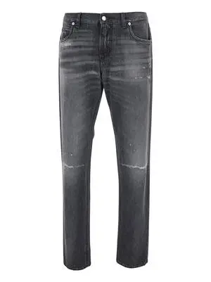 Dolce & Gabbana Grey Denim Jeans With Ripped Details And Logo Patch - Multicolor