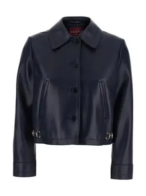 Gucci Blue Classic Collar Jacket With Horsebit Plaque On The Front In Leather - Multicolor