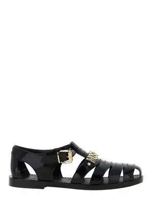 Moschino Jelly Fisherman Sandals With Gold Lettering Logo - Black