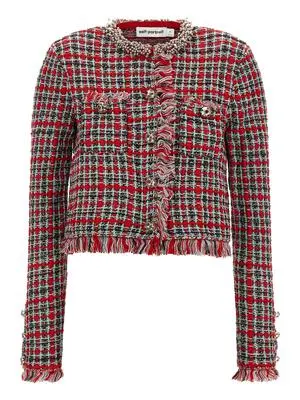 SELF-PORTRAIT Fringed Knit Jacket - Red