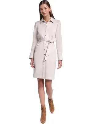 Halston Long Sleeve Suede Shirt Dress - Beige