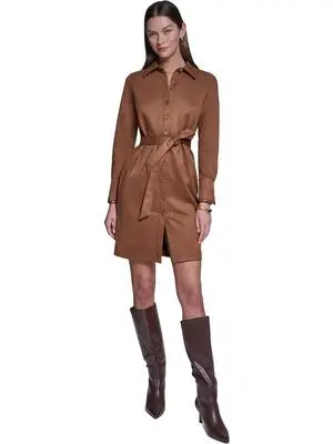 Halston Long Sleeve Suede Shirt Dress - Cognac