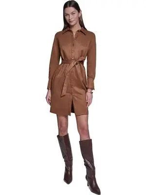 Halston Long Sleeve Suede Shirt Dress - Cognac
