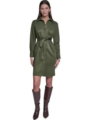 Halston Long Sleeve Suede Shirt Dress - Olive