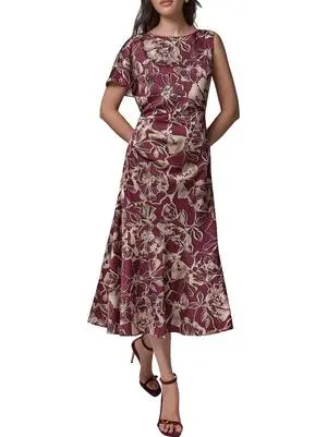 Donna Karan New York Floral Asymmetrical Sleeve Midi Dress - Black/cherry