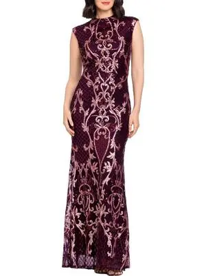 BETSY & ADAM Sequin Mock Neck Sleeveless Mermaid Gown