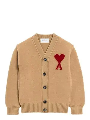AMI Paris AMI Paris Brown Wool Cardigan With Ami De Coeur Logo Camel/red