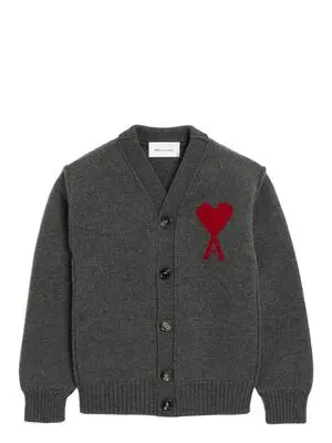 AMI Paris Grey Wool Cardigan With De Coeur Logo - Heather Grey/red