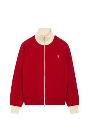 AMI Paris Zipped Cotton Sweatshirt With De Coeur Detail - Ruby Red/ivory