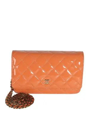 CHANEL Dark Orange Quilted Patent Classic Wallet On Chain